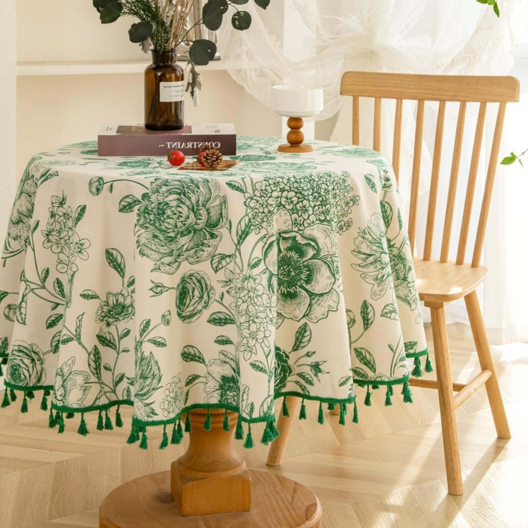 Amazon.com: F-CHU Floral Round Tablecloth 60 Inch Cotton Linen Table ...