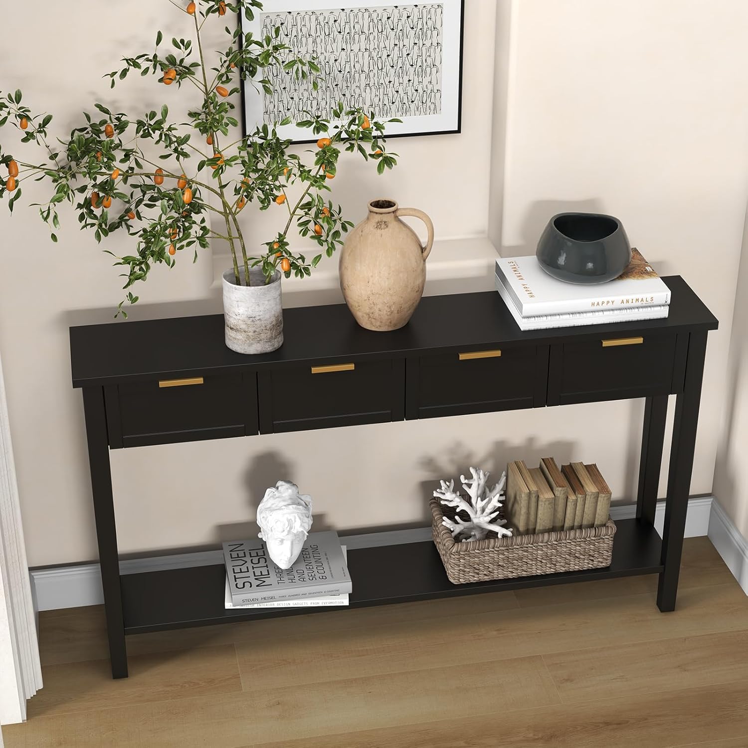 Amazon.com: KINTNESS 60” Long Black Console Table with 4 Drawers, 2 ...