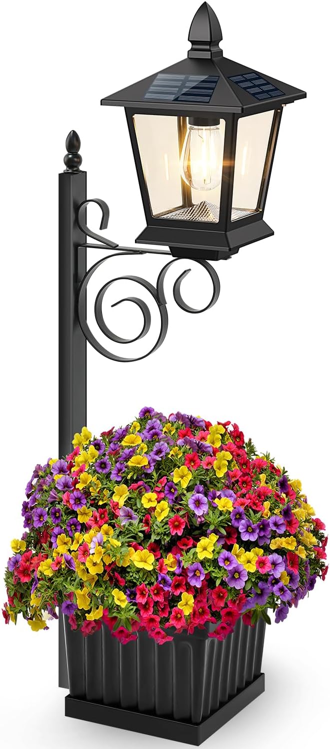 Outdoor Flower Pots 2 in 1, Solar Lamp Post with Planter, Metal Pole ...
