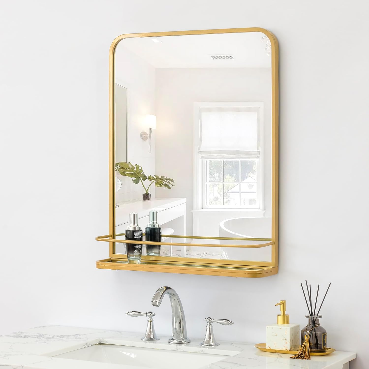 Amazon.com: Vintage Silver Bathroom Mirror with Shelf Vanity Mirror ...