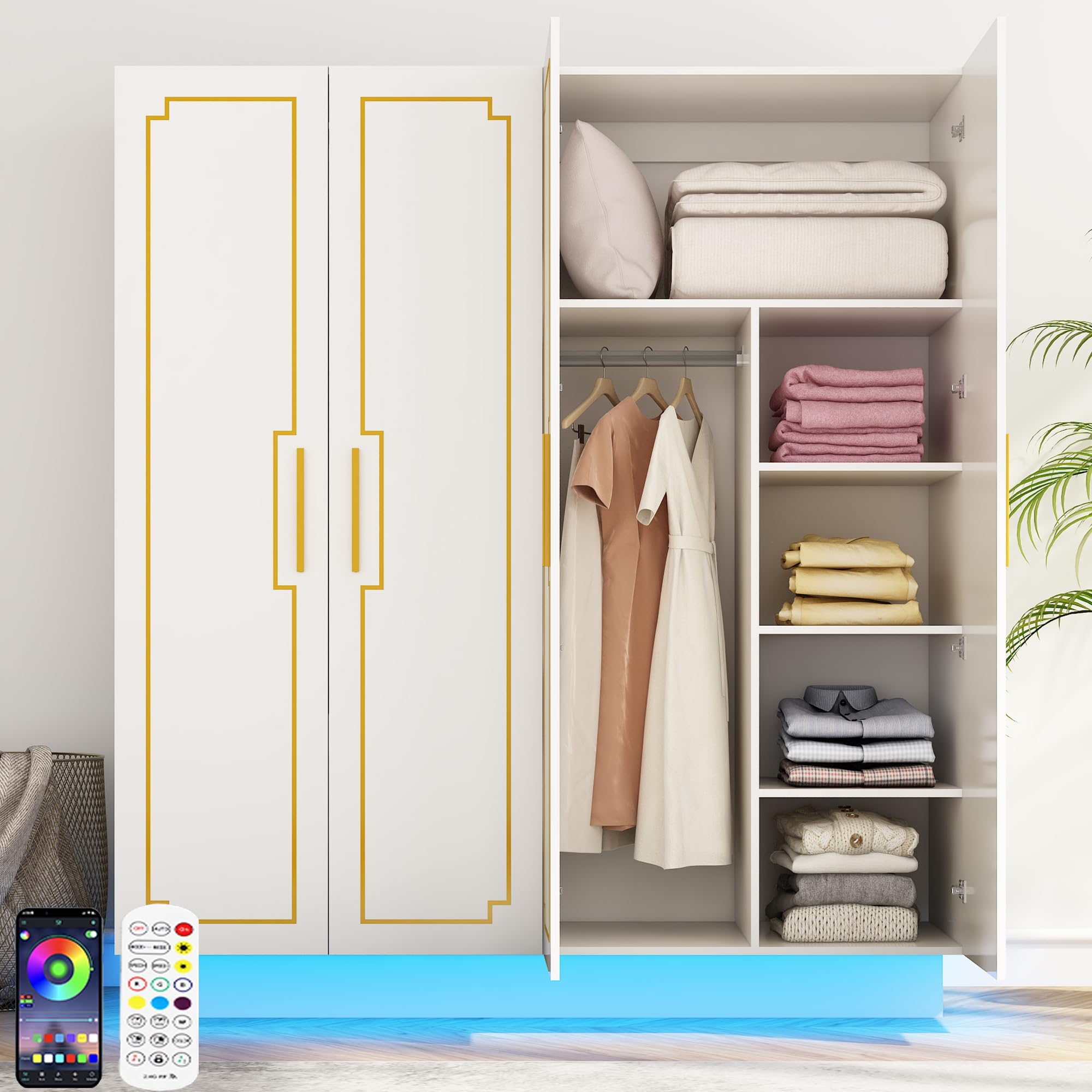 Amazon.com: Hitow 4 Door Wardrobe Armoire Closet with Mirror Door, 63 ...