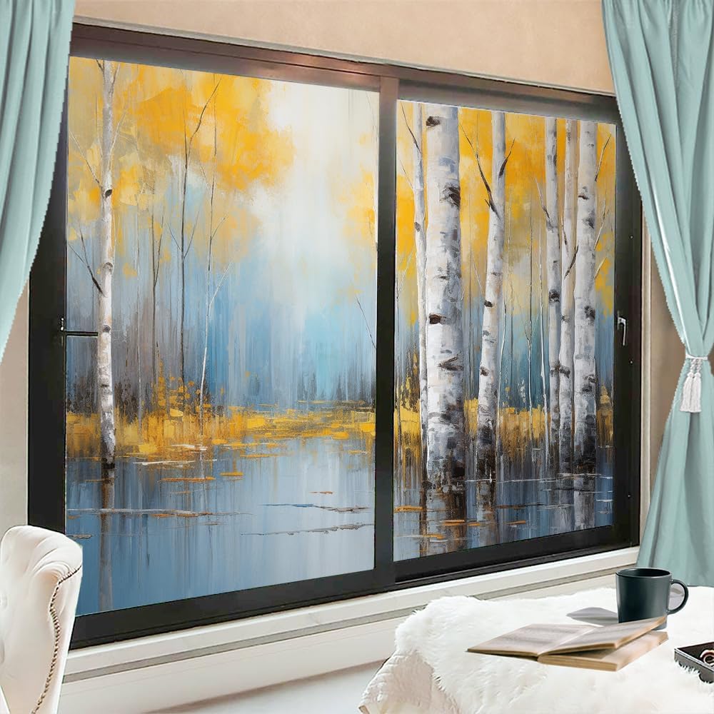 Amazon.com: SOPIYRIO Watercolor Birch Forest Stained Glass Window Film ...
