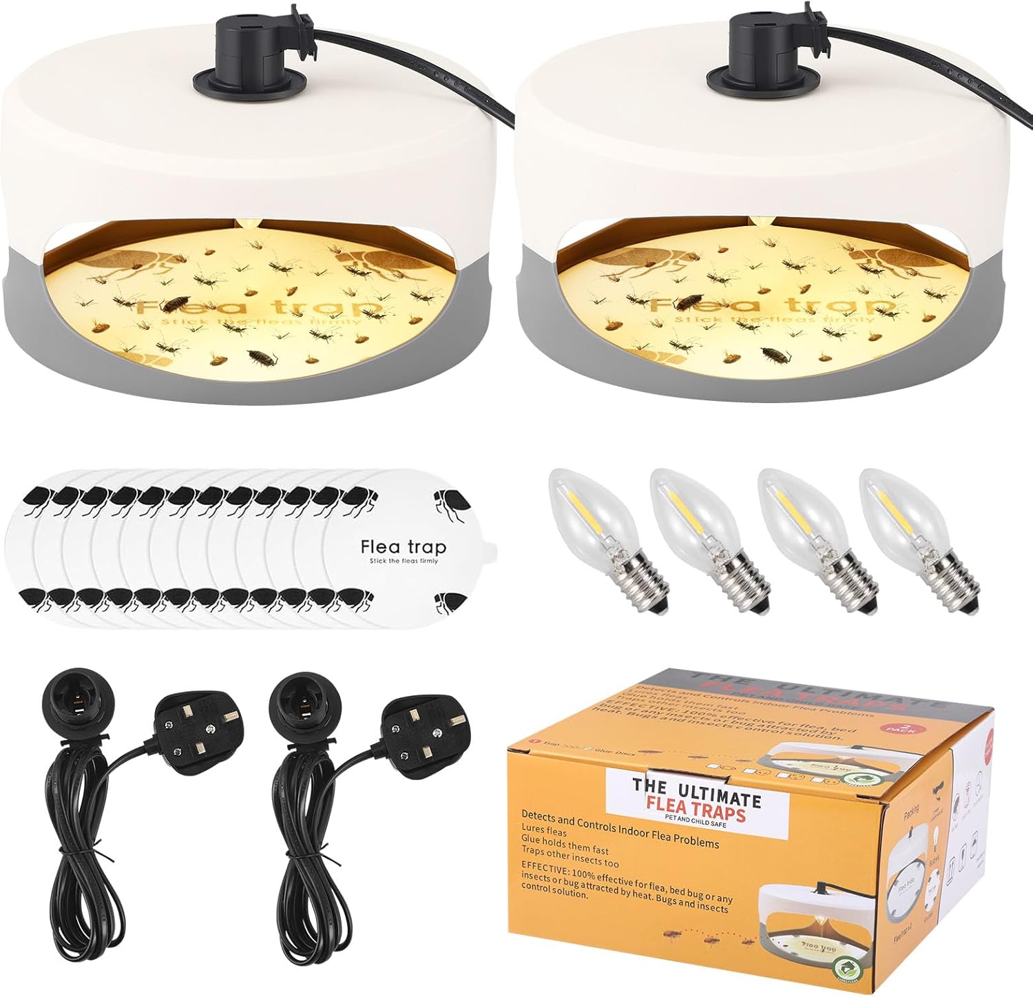 2 Pack Flea Trap, Flea Lamp Traps for House with 4 LED Bulbs, 12 Sticky ...