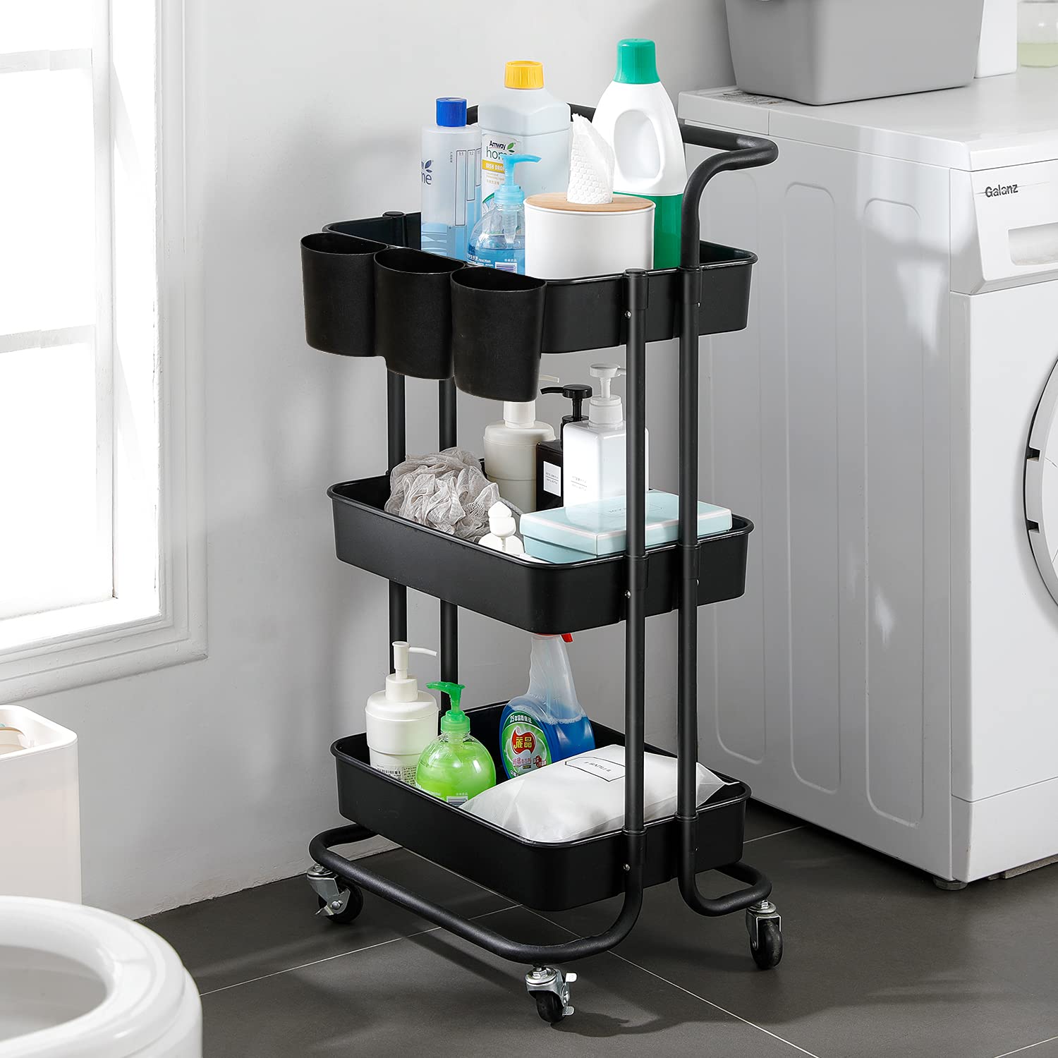 3 Tier Rolling Utility Cart, Detachable Utility Carts with Lockable ...