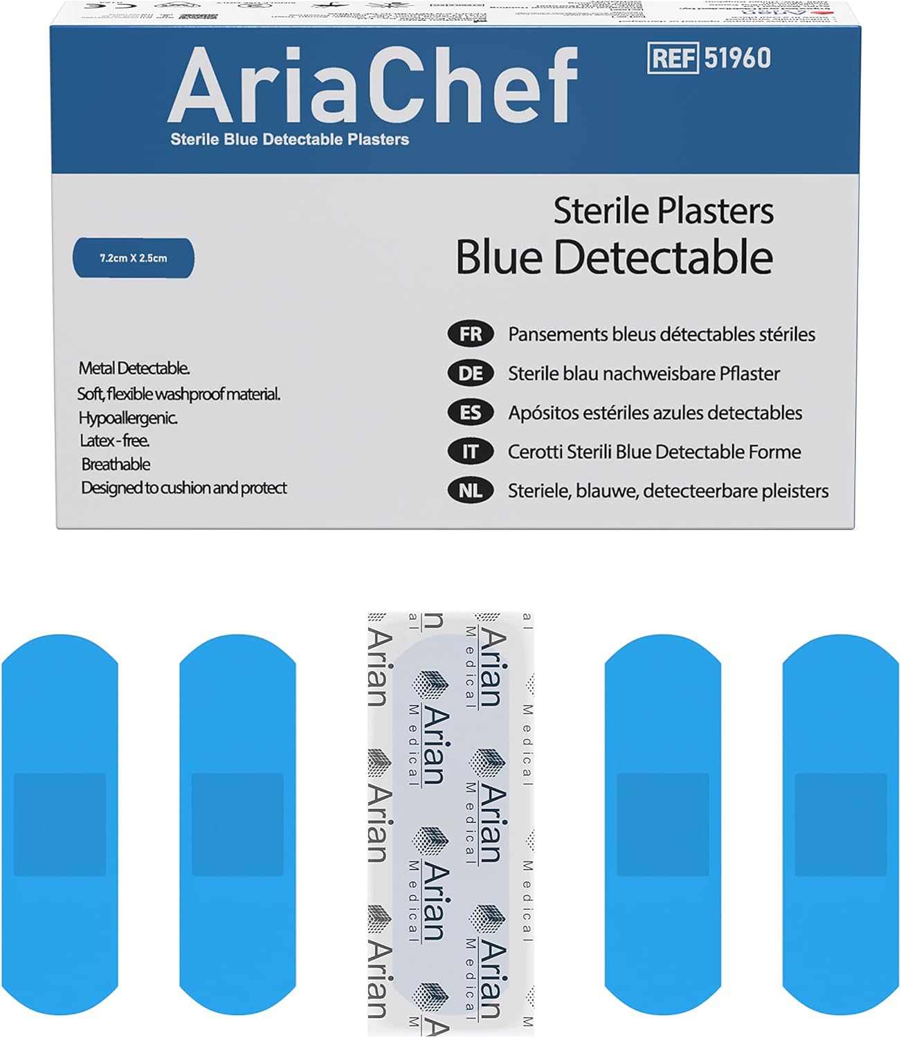 Ariachef Sterile Blue Waterproof 7.2cm X 2.5cm Plasters Pack of 100 ...