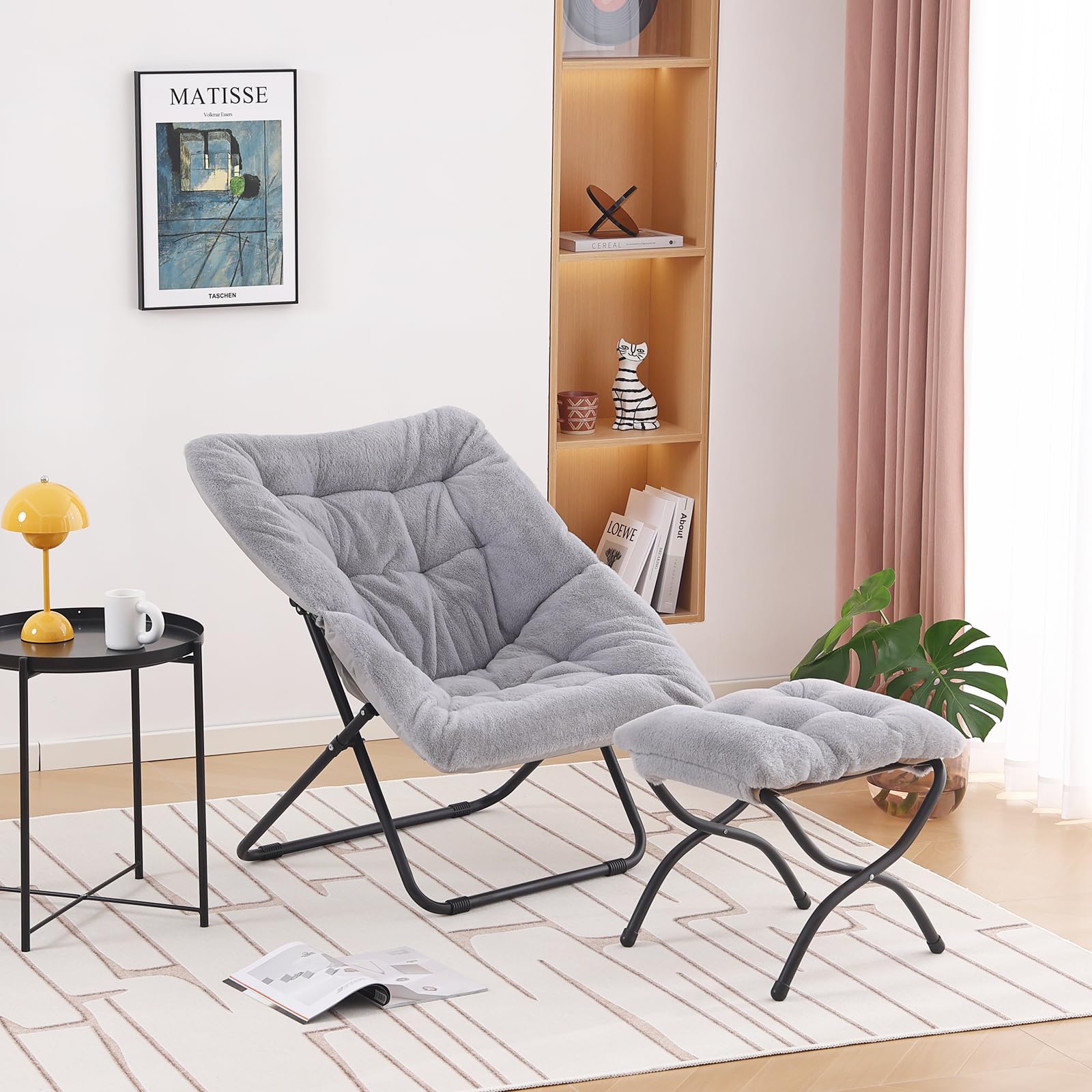 Comfy Saucer Chair with Ottoman, Oversized Folding Faux Fur Chair Soft ...