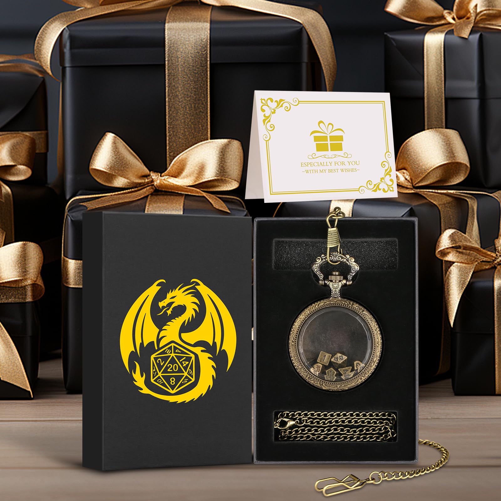 Mini DND Dice Set with Transparent Glass Top Pocket Watch Case, 7 ...