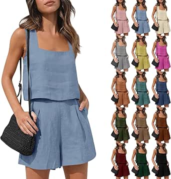 Amazon.com: Linen Shorts Sets Women 2 Piece Outfits Sqare Neck Crop ...