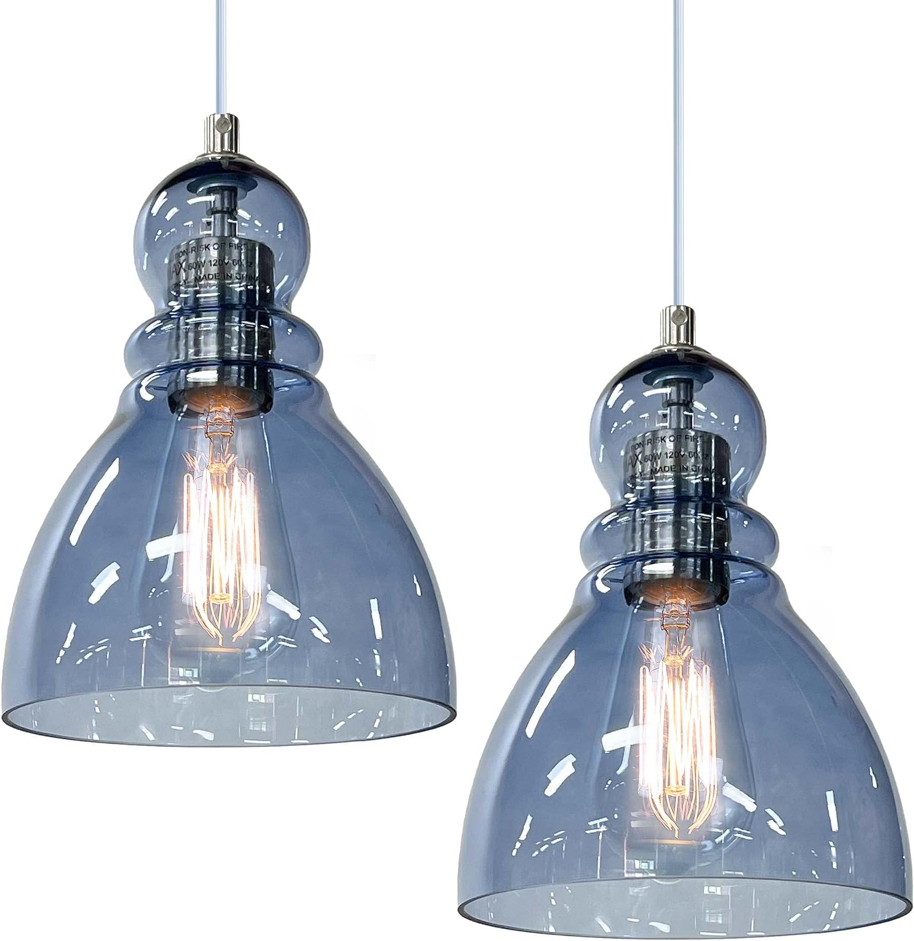 Blue Glass Pendant Lights for Kitchen Island: Modern Industrial Hanging ...