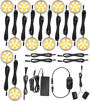 Meigour LED Puck Lights Kit for Under Cabinet Lighting, Rotary Dimmer ...