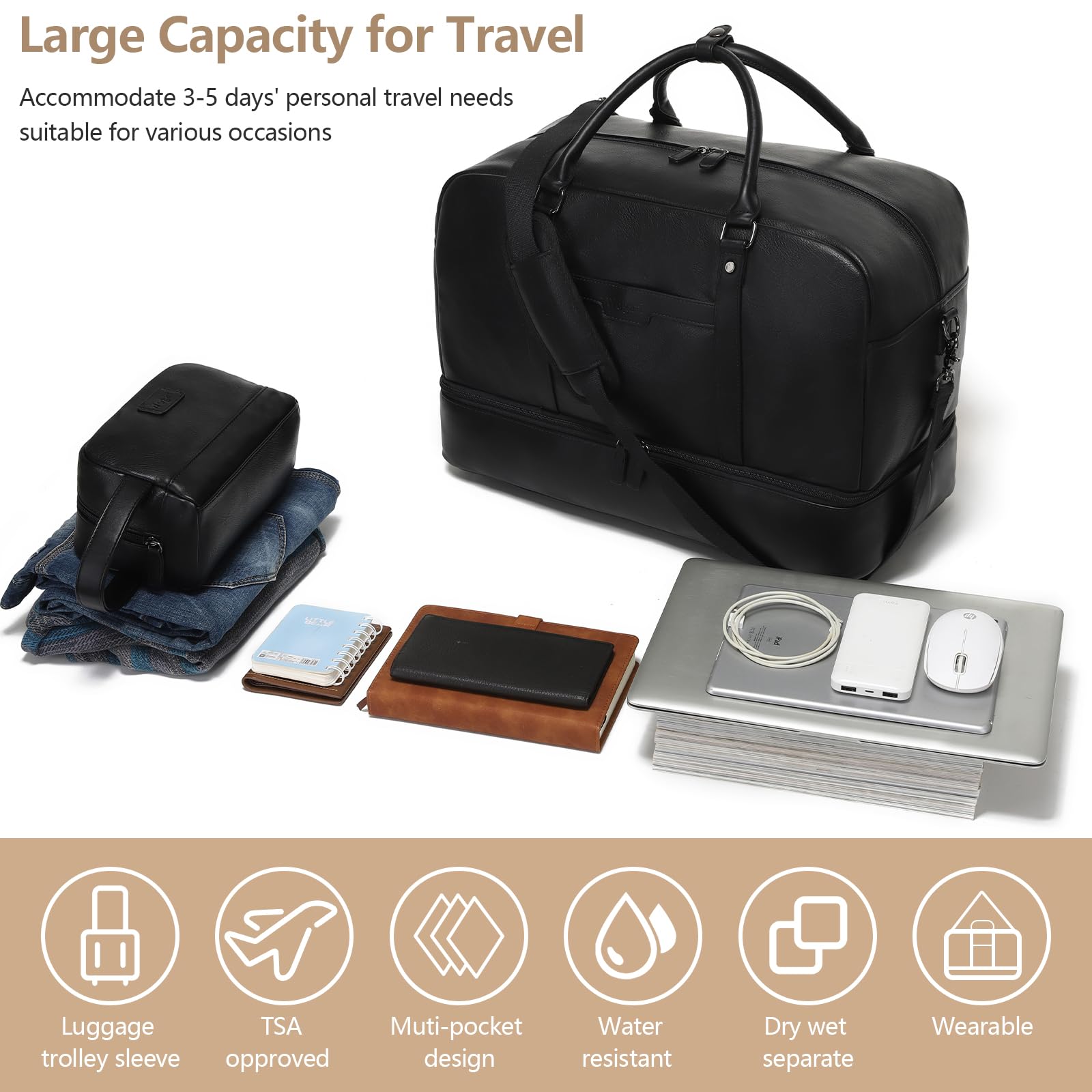 Wogarl 4PCS Leather Weekender Bag for Women Men Large Overnight Bag ...