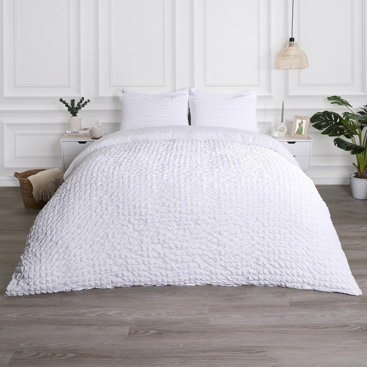 OHS White Bedding Double Duvet Set, Geometric Seersucker Duvet Cover ...