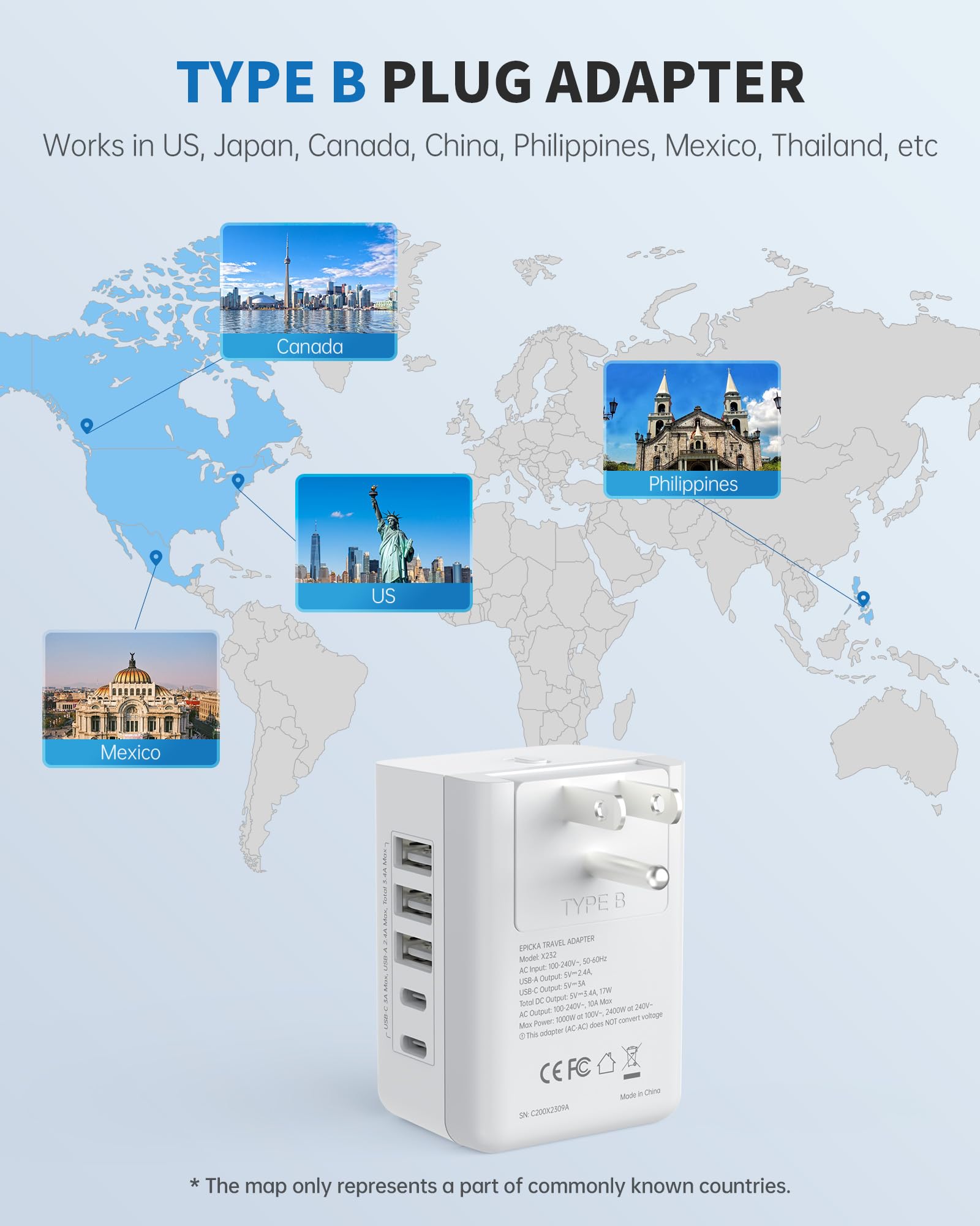 Snapklik.com : EPICKA US Travel Adapter, Universal Plug Adapter