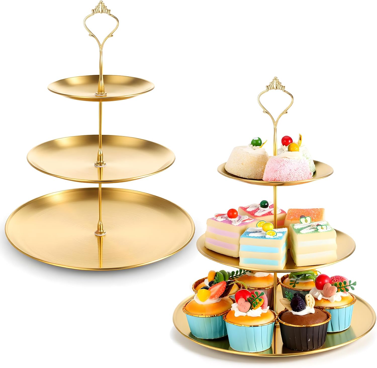Amazon.com: SHENLIU 2Pcs 3 Tier Gold Metal Cupcake Stand, Stainless ...