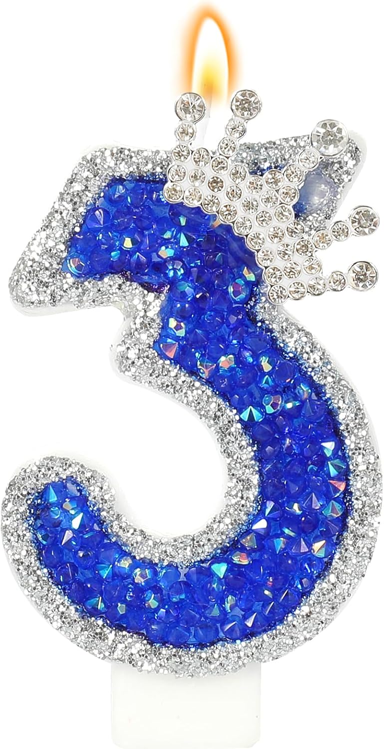 Amazon.com: Blue Birthday Candle Crown Number 3 Candle with Sequins ...