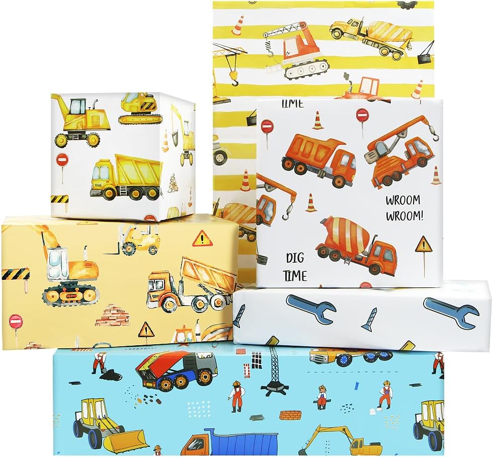 Amazon.com: Construction Wrapping Paper, 6 Sheet Excavator Tractor Dump ...