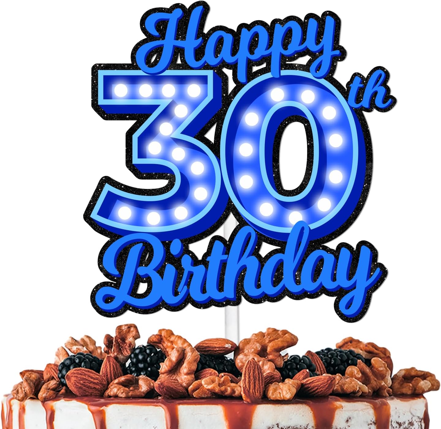 Amazon.com: Blue Glitter Happy Birthday 30th Cake Topper Let’s Glow ...