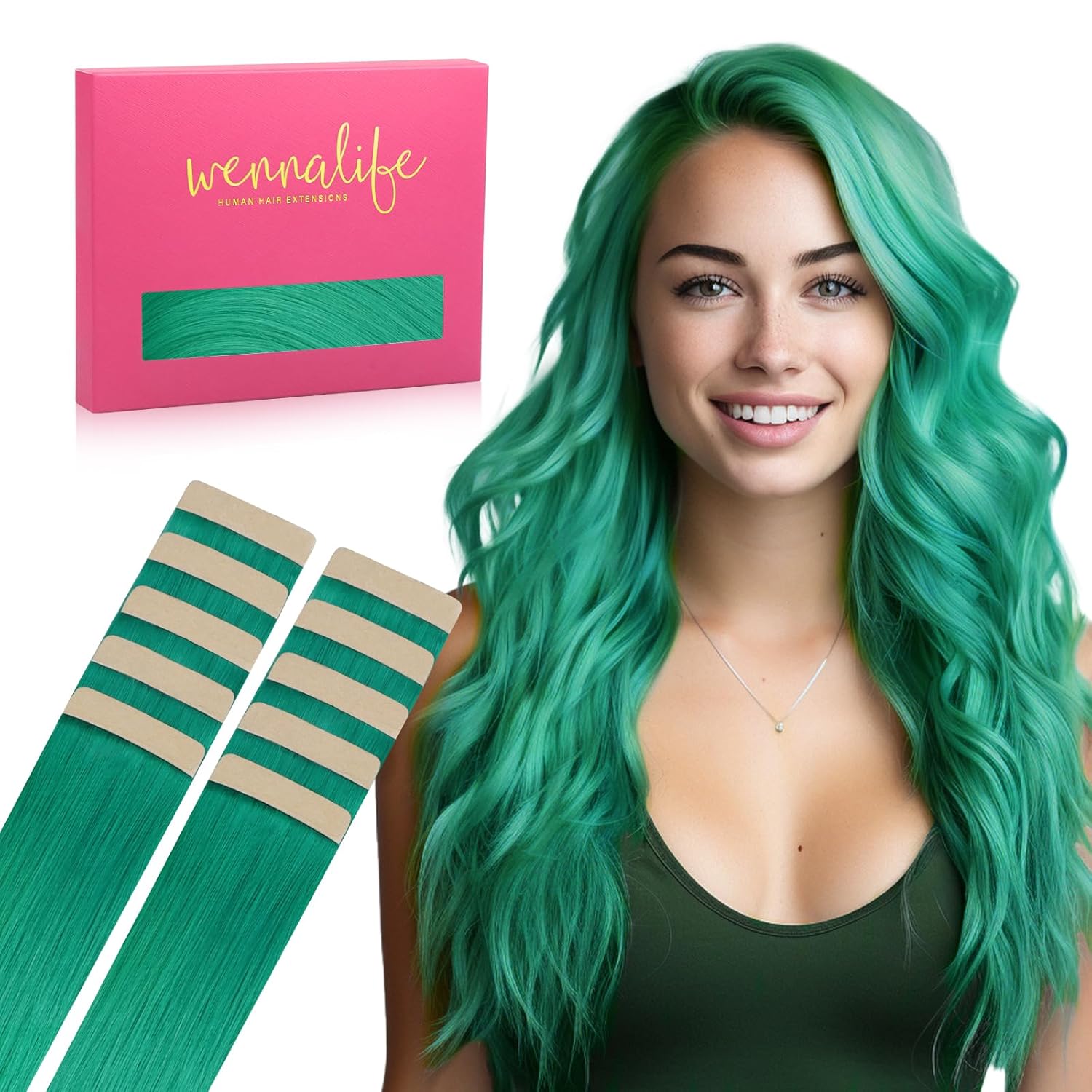 Amazon.com: Wennalife Tape in Hair Extensions Human Hair Green Tape in ...