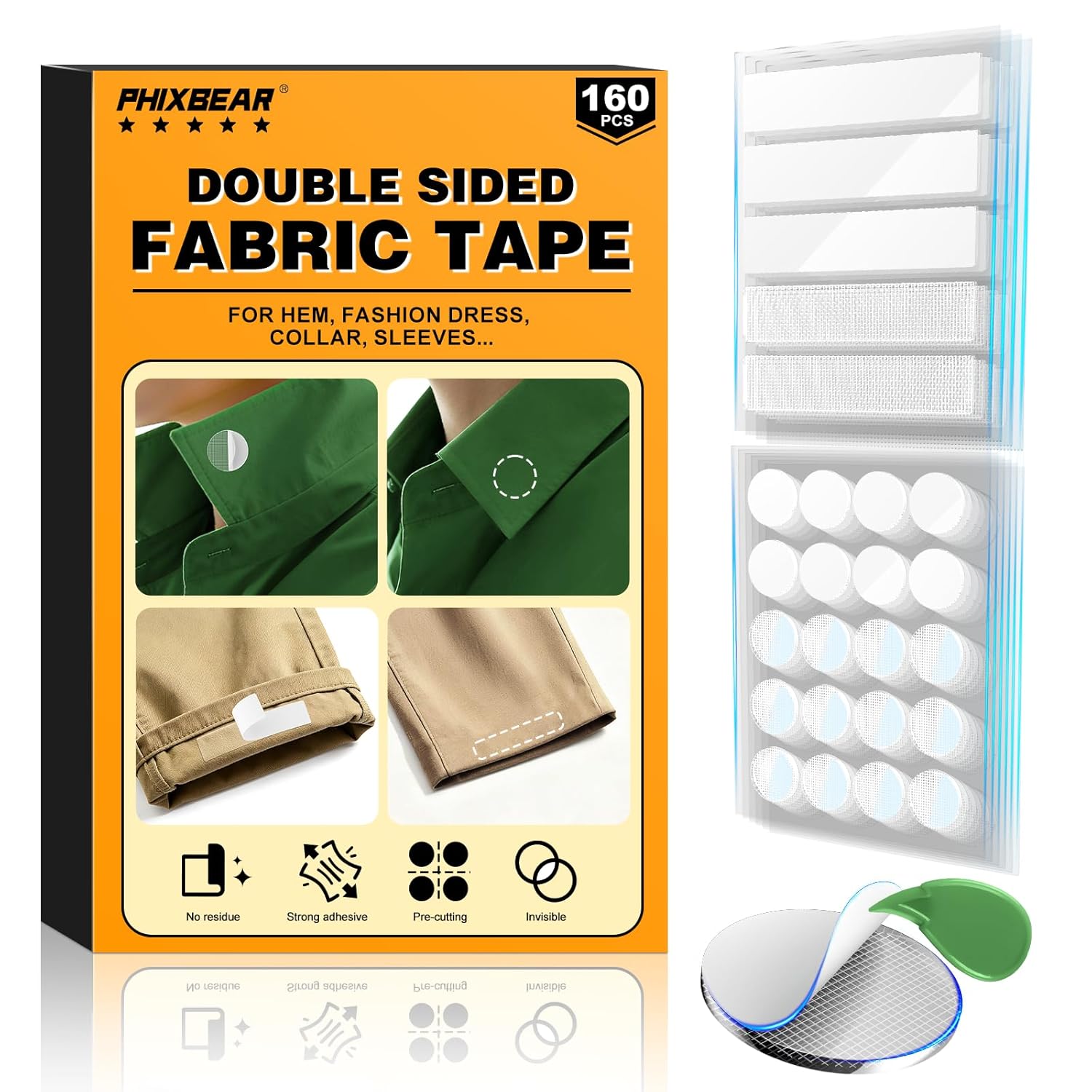 Amazon.com: PHIXBEAR Double Sided Fabric Tape, 120Pcs Pre-Cutting Hem ...