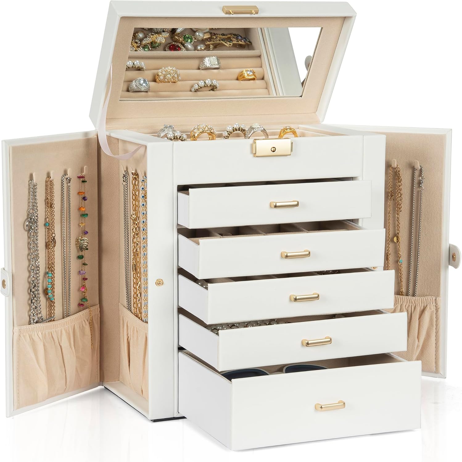 Amazon.com: AKOZLIN Large 6-Tier Jewelry Box Lockable Leather Jewelry ...