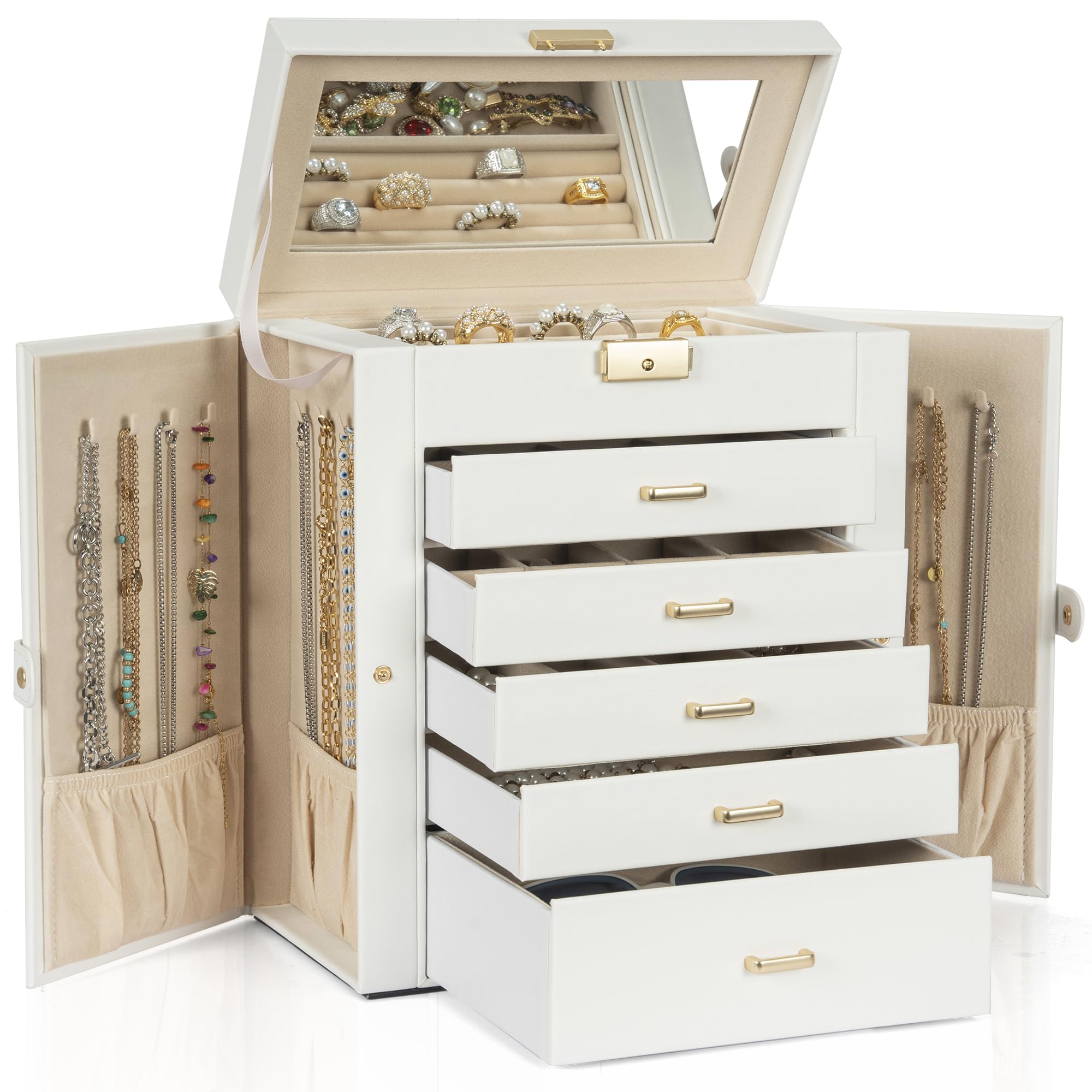 Amazon.com: AKOZLIN Large 6-Tier Jewelry Box Lockable Leather Jewelry ...