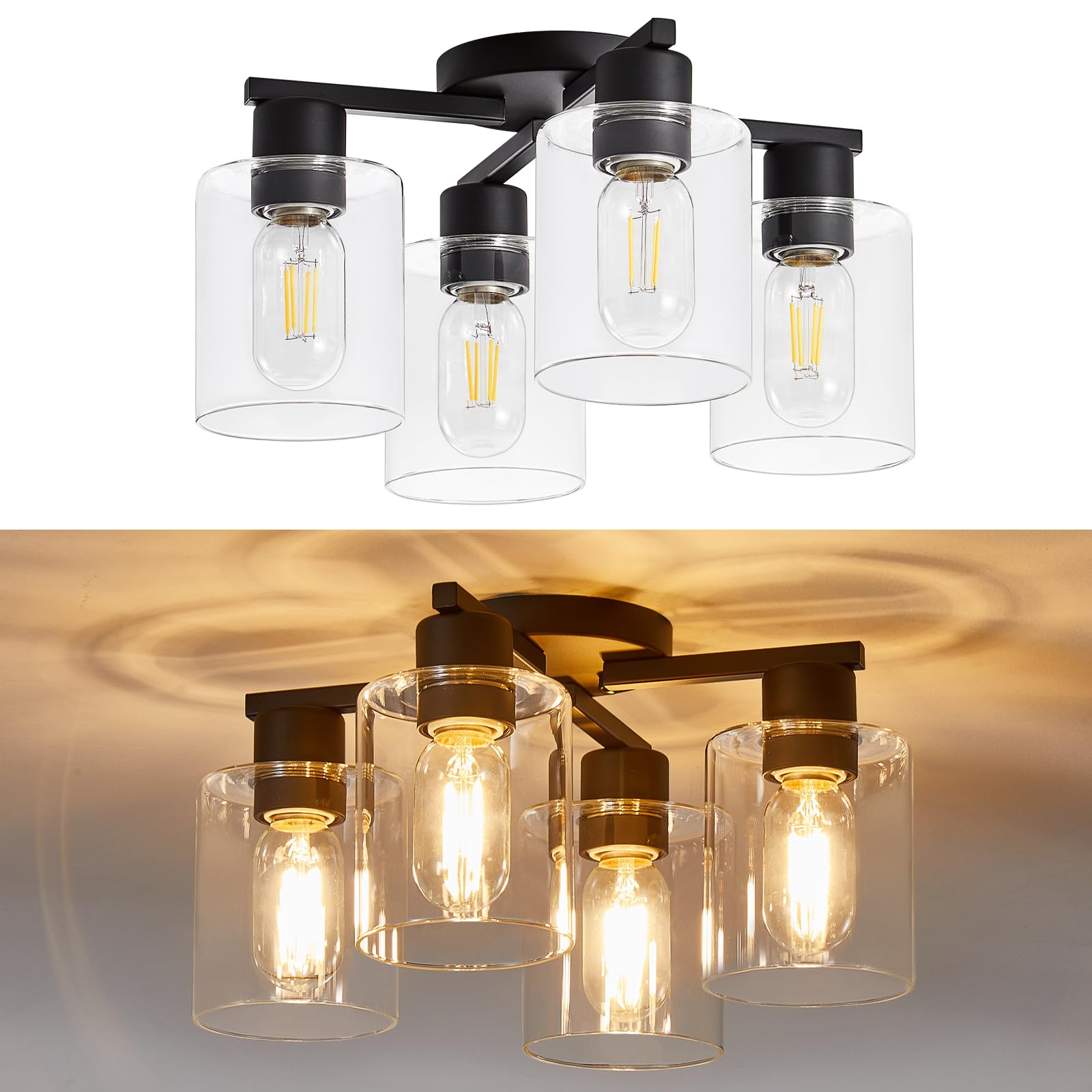 YYT Semi Flush Mount Ceiling Light, Black Ceiling Light Fixture, 4 ...