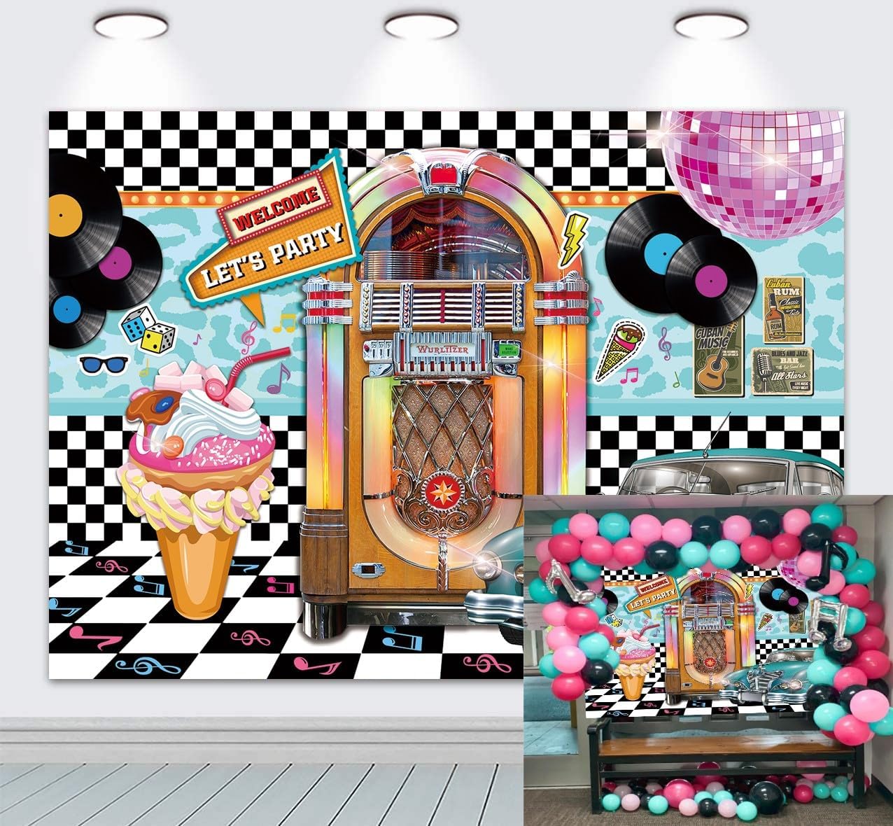 Amazon.com : 50's Theme Party Backdrop Retro Rock Welcome Let's Party ...