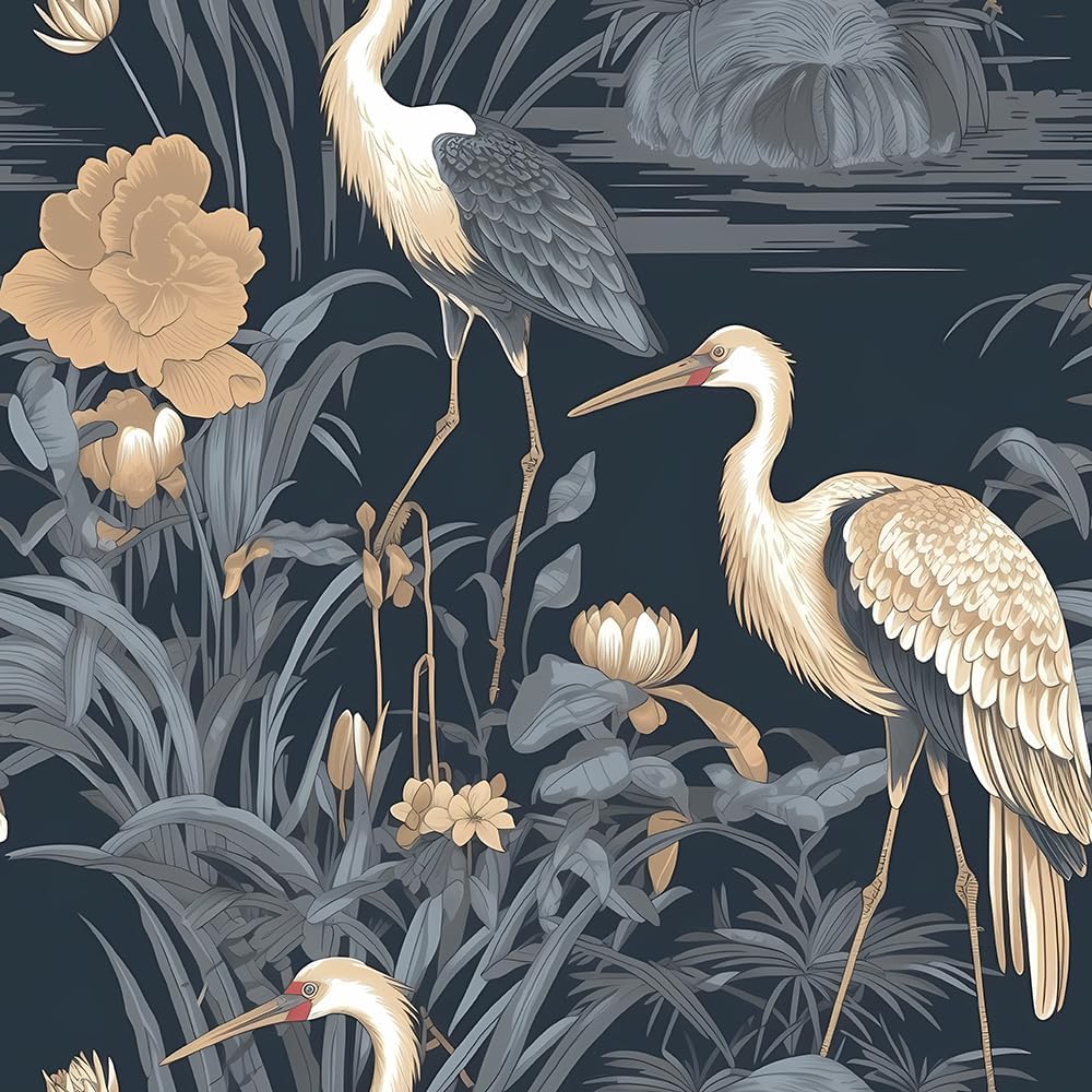 REDAMANCY Vintage Gray Black Brown Crane Flower Pond Peel and Stick ...