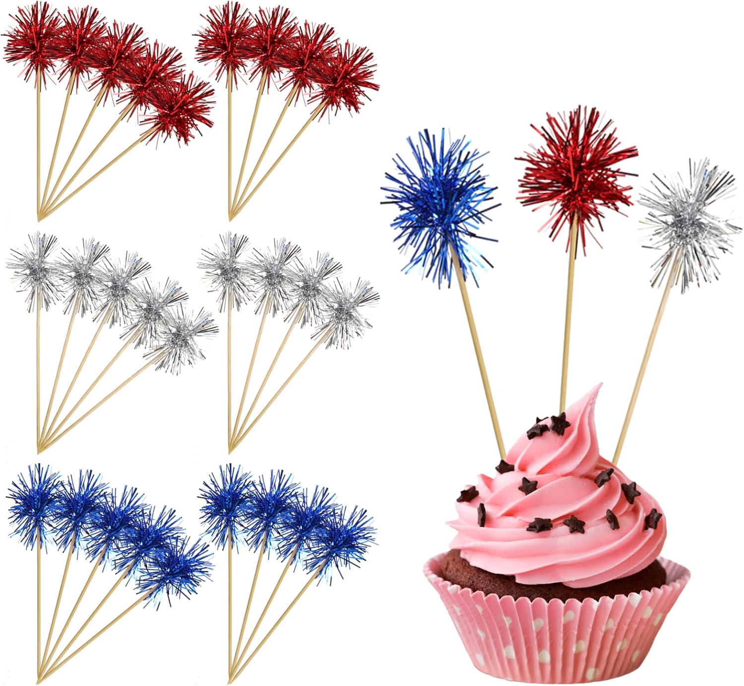 Amazon.com: 30PCS Cupcake Toppers,4th of July Foil Firework Toothpick ...