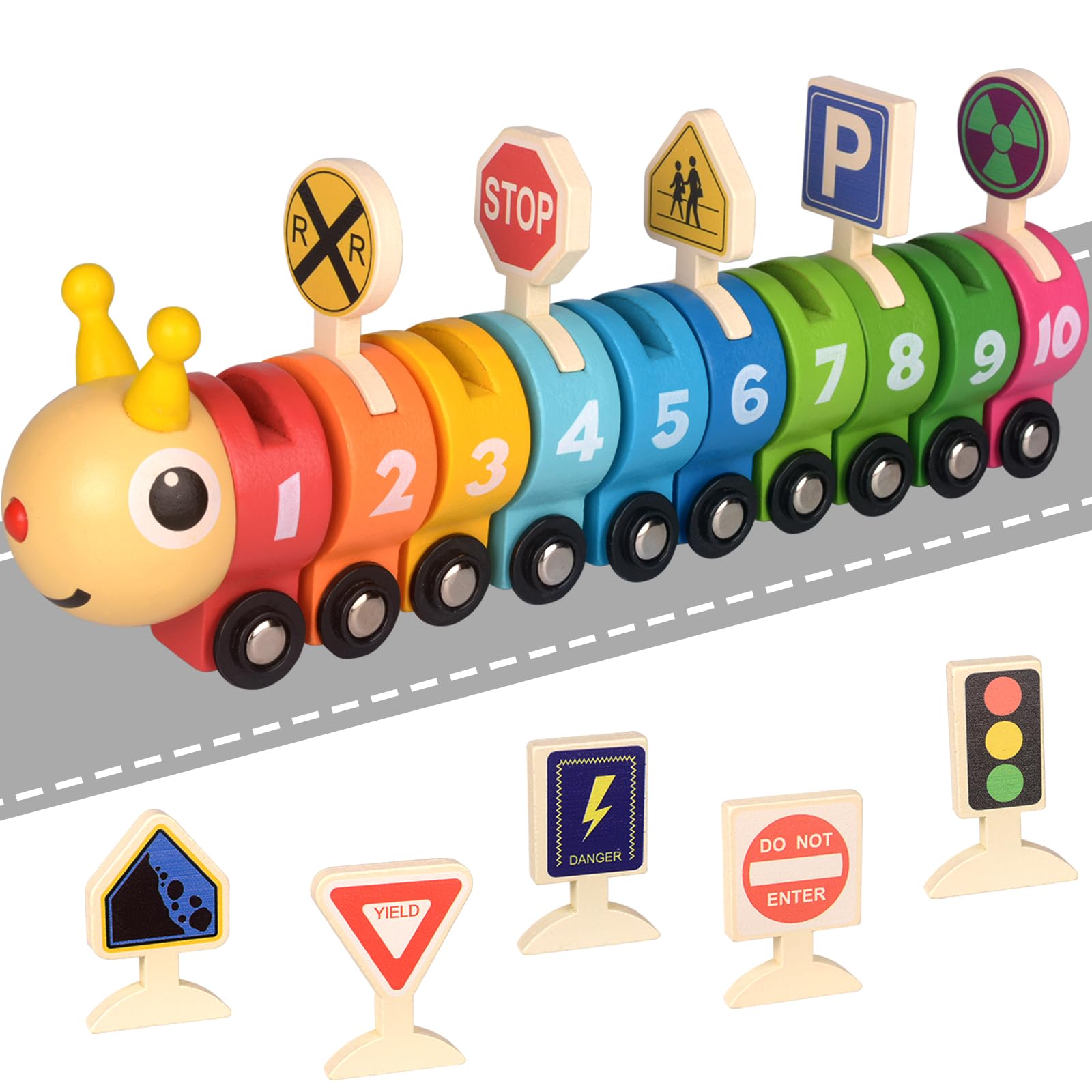 Wooden Caterpillar Train Set,10 Colorful Numbered Segments and Digital ...