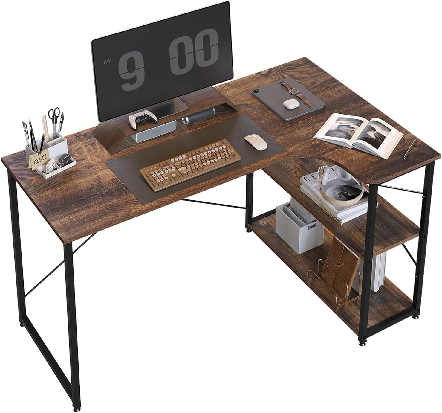 eSituro 120cm L Shaped Desk, Corner Desk with Shelves, Computer Desk ...