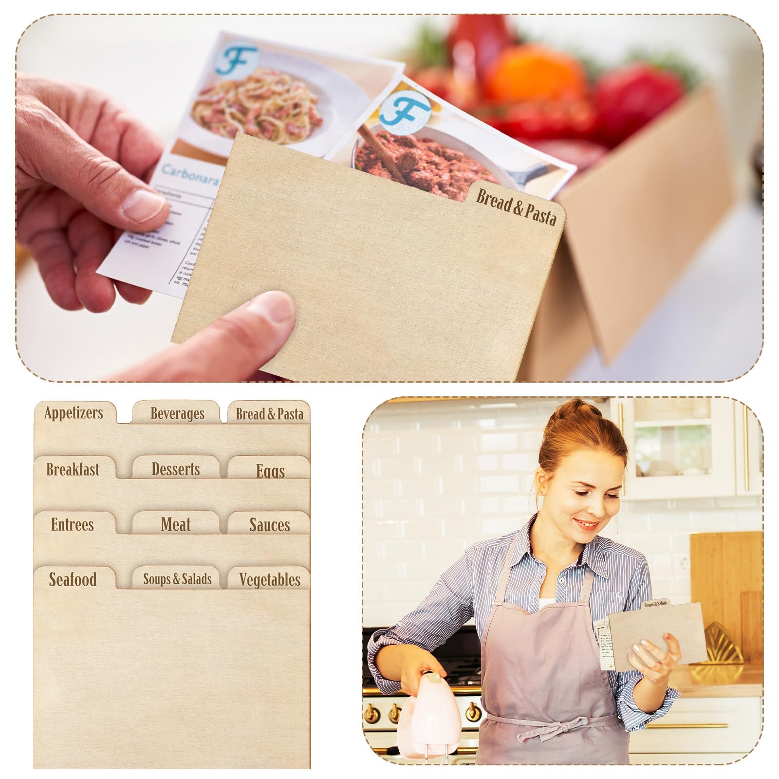 Index Card Box Chunful 12 Pcs Labeled Recipe Cards Dividers Real Wood ...