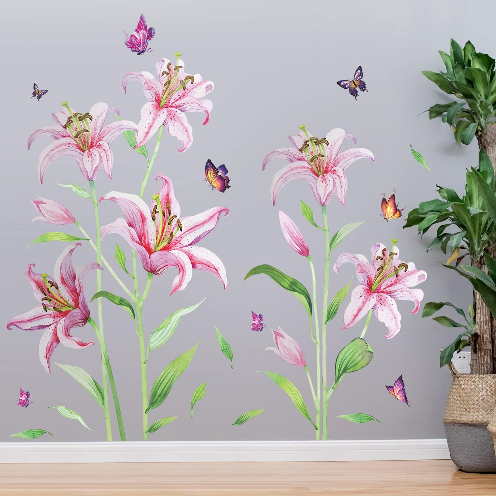 Amazon.com: Pink Lily Flowers Wall Sticker Lifelike Romantic Lilys ...
