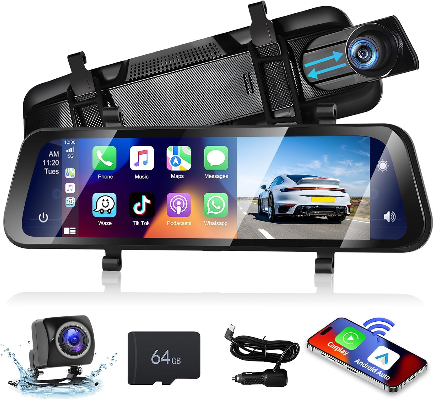 Amazon.com: Podofo 9.66" Apple Carplay Mirror Dash Cam with Android ...