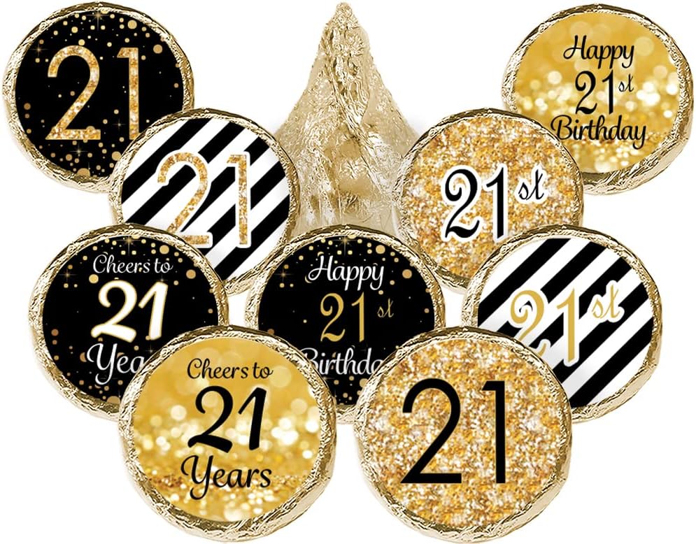 Amazon.com: 21st Birthday Party Favor Stickers - Black and Gold - 180 ...