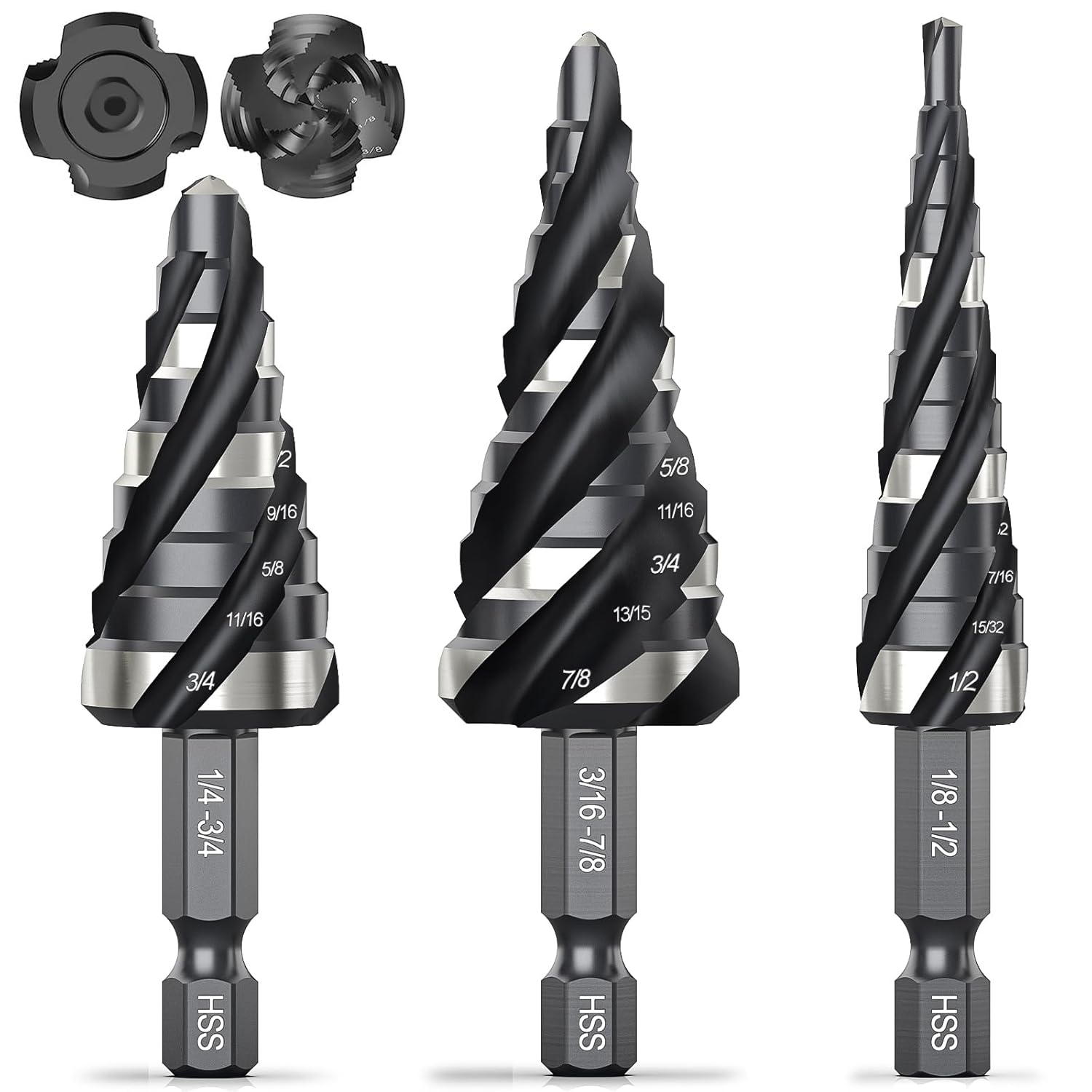 THINKWORK Four Spiral Flute Step Drill Bit Set, 3 Pcs HSS Step Drill ...