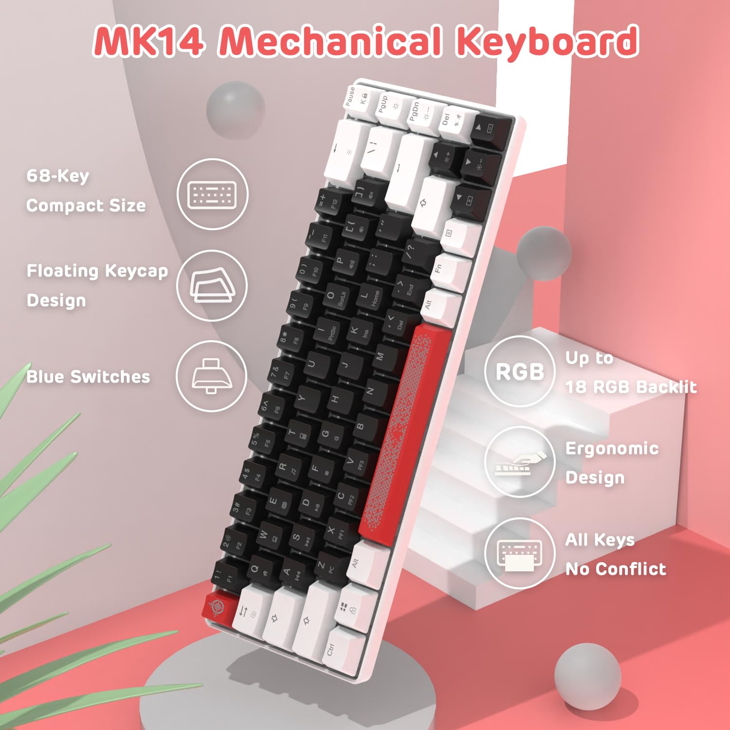 Snapklik.com : MK14 60% Mechanical Gaming Keyboard, Compact 68 Keys ...