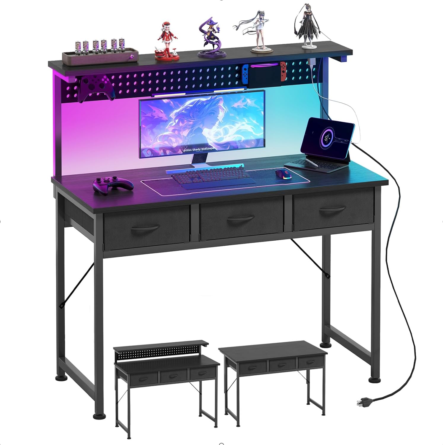 Flrrtenv Computer Desk with Pegboard, Gaming Desk with Adjustable LED ...