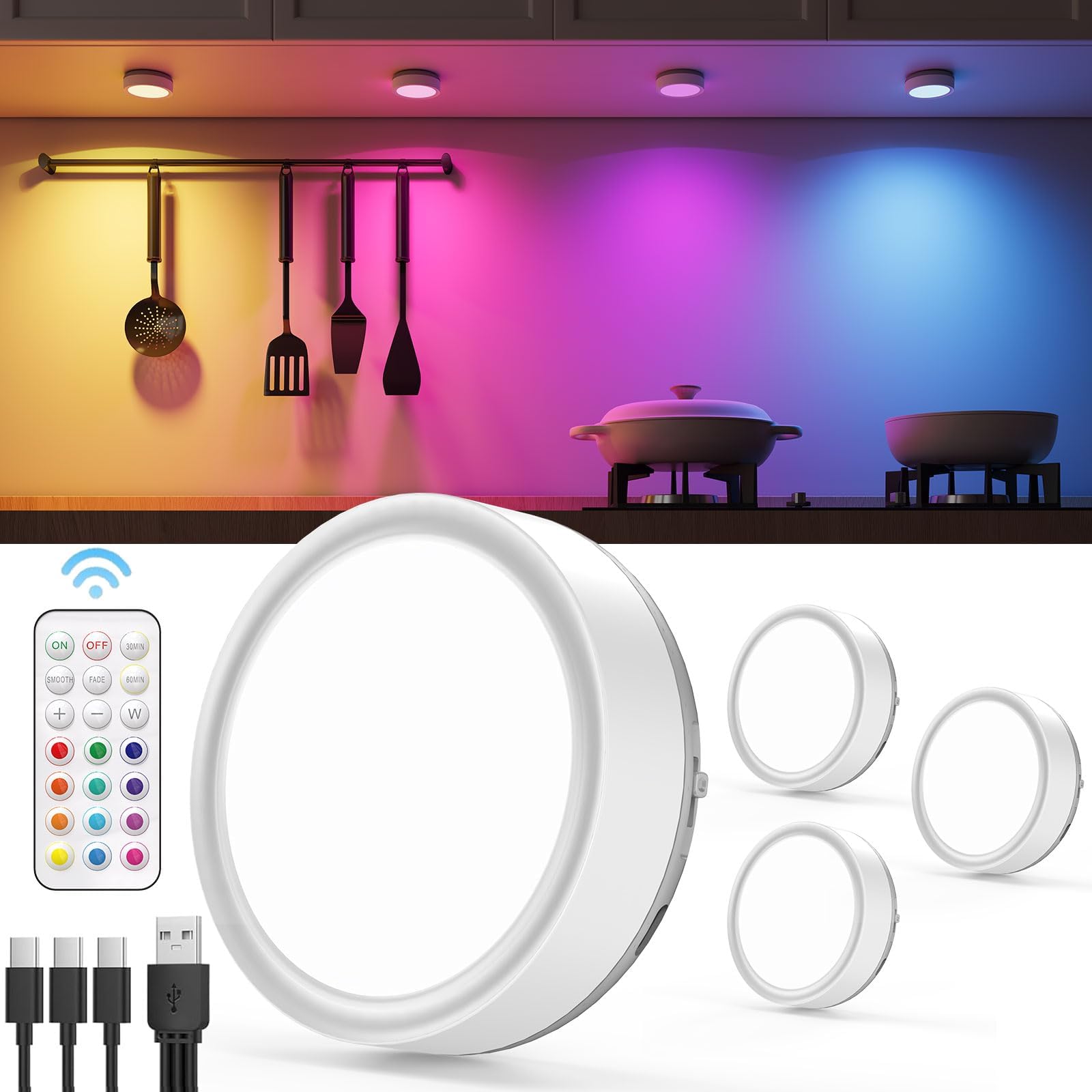 Rechargeable RGB Puck Lights with Remote Control, 2400mAh Battery Stick ...