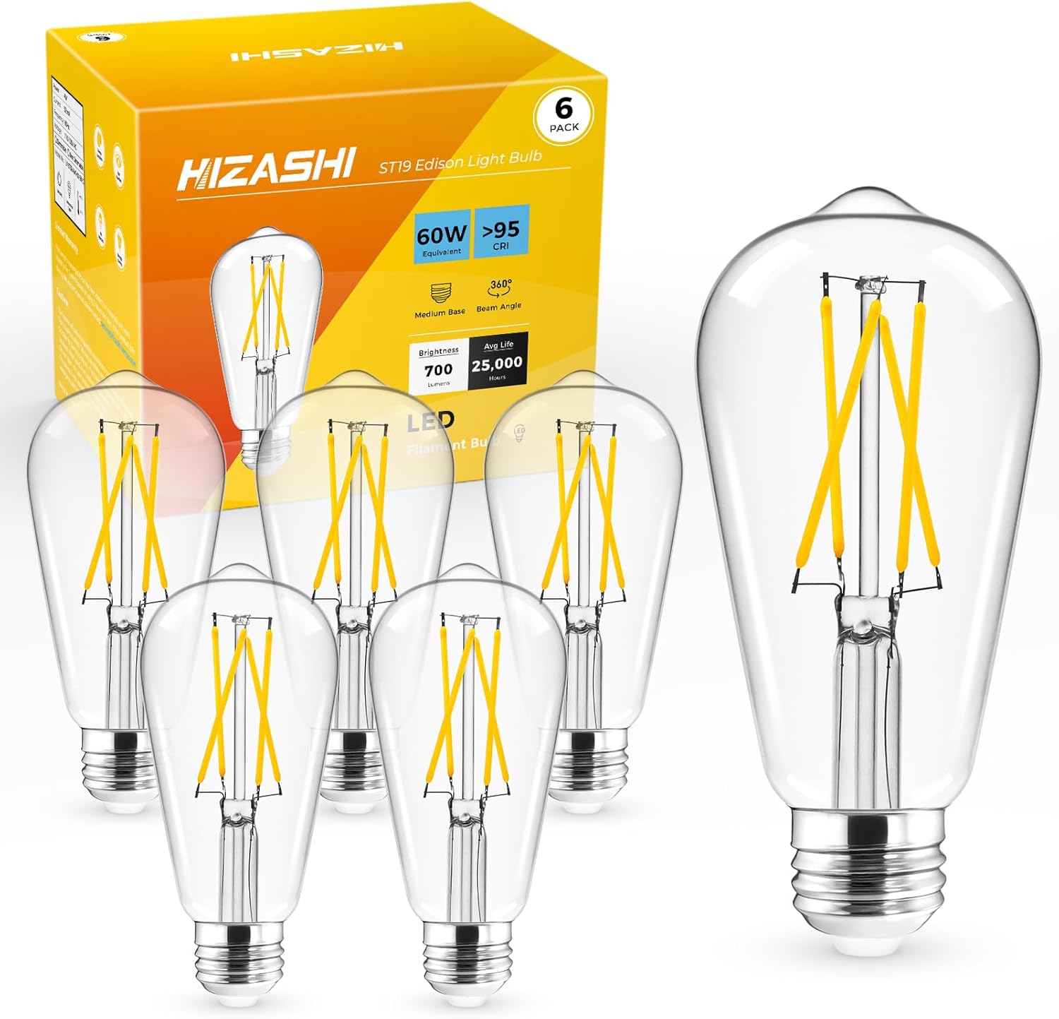 Hizashi LED Edison Bulbs, 6W, Equivalent 60W, E26 LED Bulb Non-dimmable ...