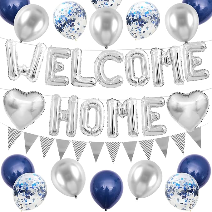 Amazon.com: Welcome Home Decorations Navy Blue Silver,Welcome Home Foil ...