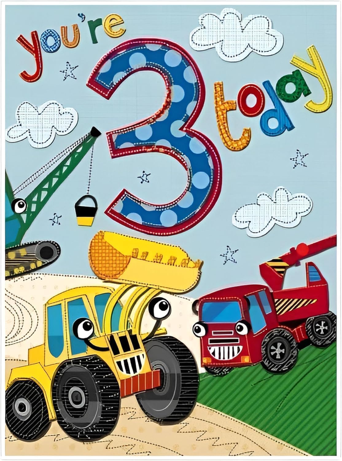 Boys 3rd Birthday Card - Age 3 - Digger, Dog and Balloons with Foil ...
