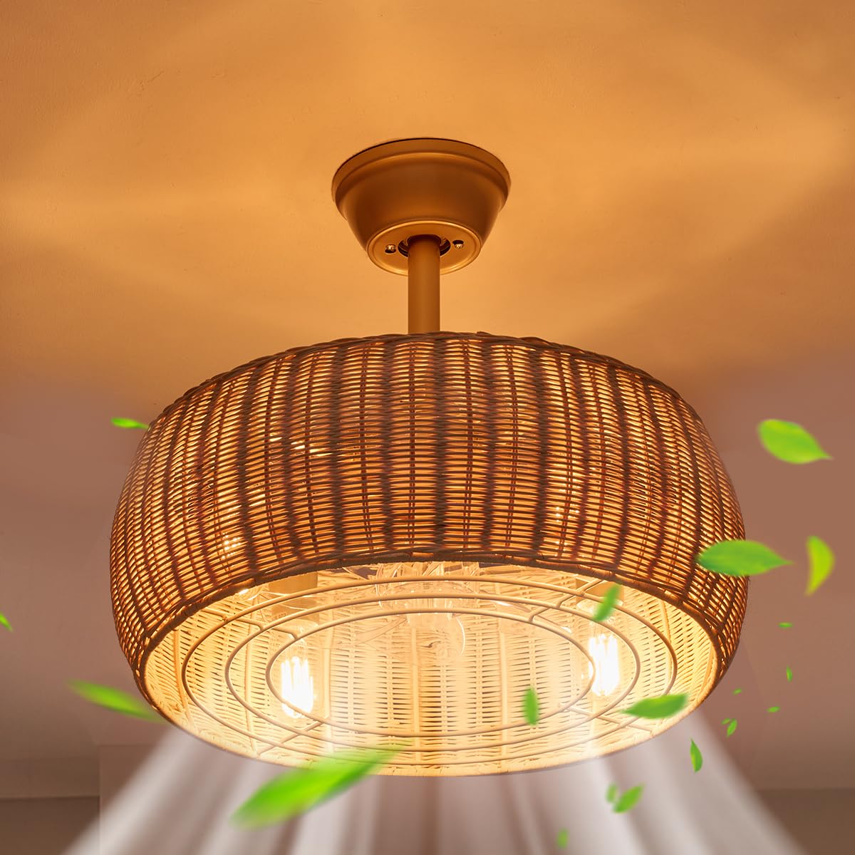 GDLT 18" Bamboo Rattan Caged Ceiling Fan with Lights and Remote,4-Light ...