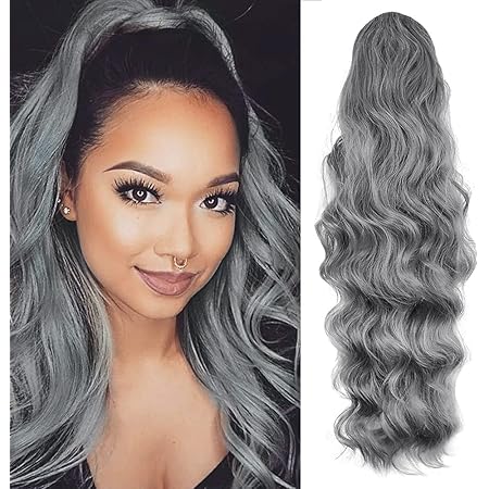 Amazon.com : CINHOO 24 Inch Long Body Wavy Gray Drawstring Ponytail ...