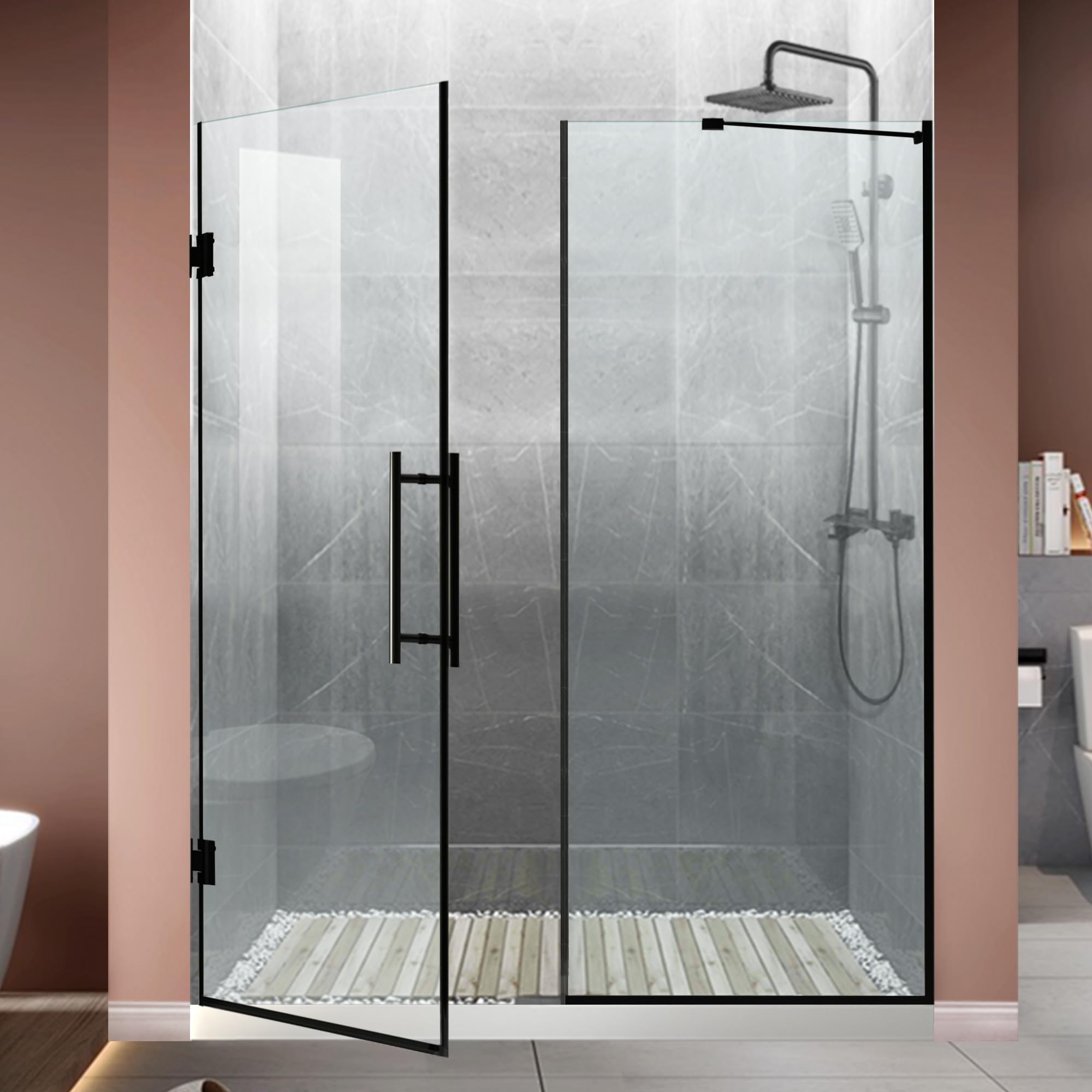 GroGro 58" W x 71" H Frameless Glass Shower Door,Hinged Pivot Swing Shower Door with 5/16"(8mm ...