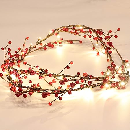 Amazon.com: Red Berry Branch Pre-lit Garland with 30LED Lights, Battery ...