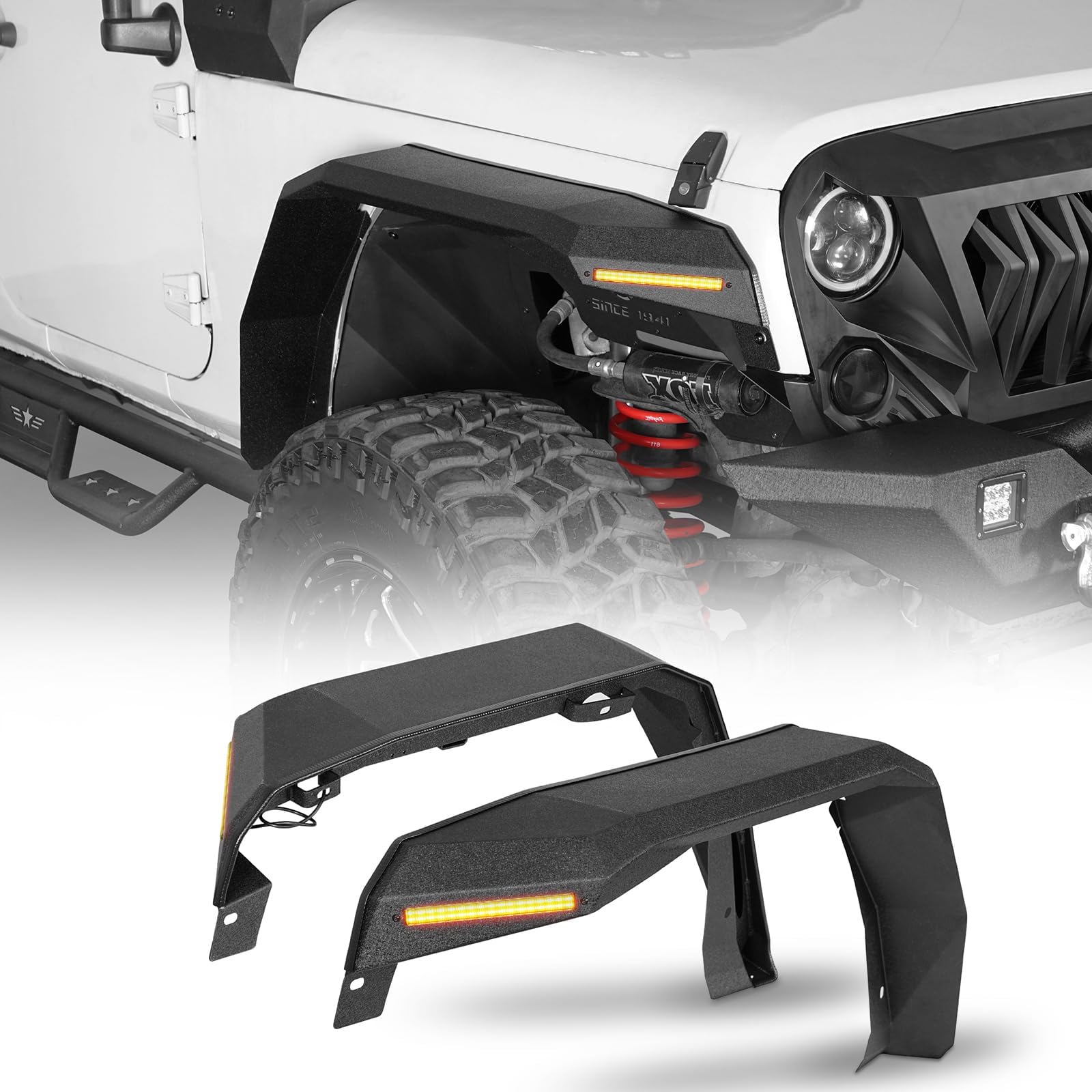 Amazon.com: Hooke Road JK 7" Wide Flat Front Fender Flares w/LED Lights for 2007-2018 Jeep ...