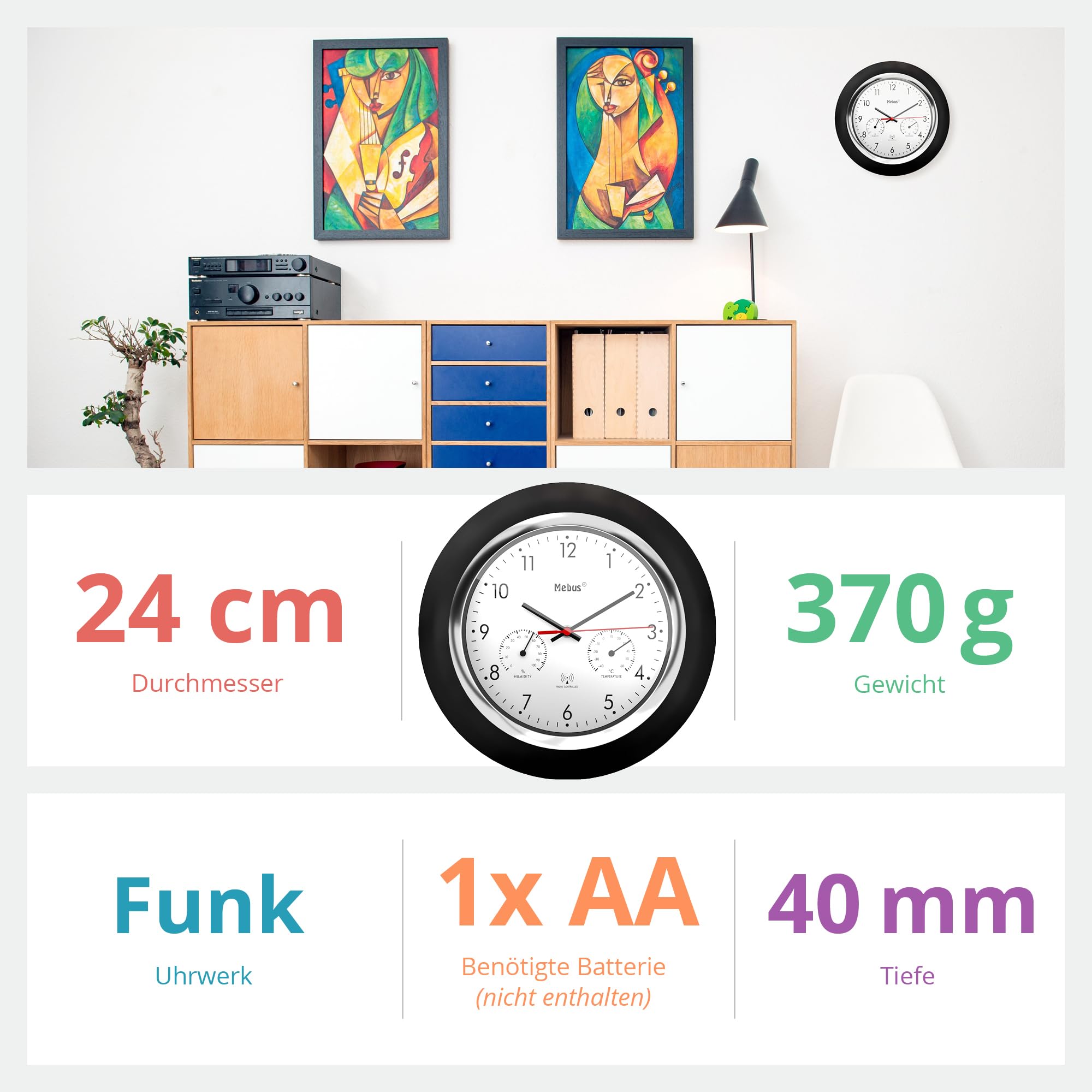 Mebus Radio-Controlled Wall Clock with Thermometer and Hygrometer/Black ...