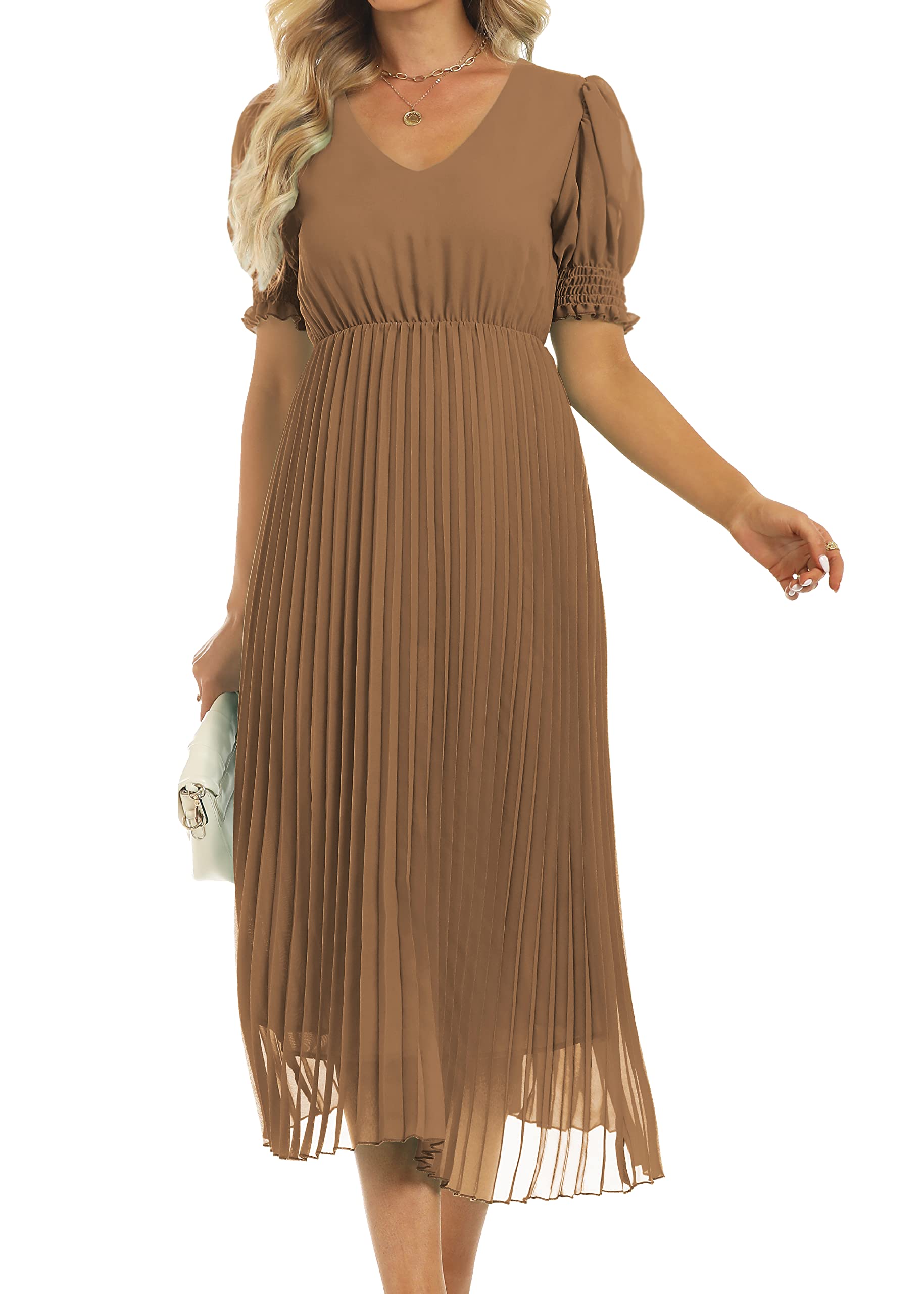 LINJOU Women's Sheer Puff Sleeve Pleated Flowy Dress V Neck Midi Summer ...