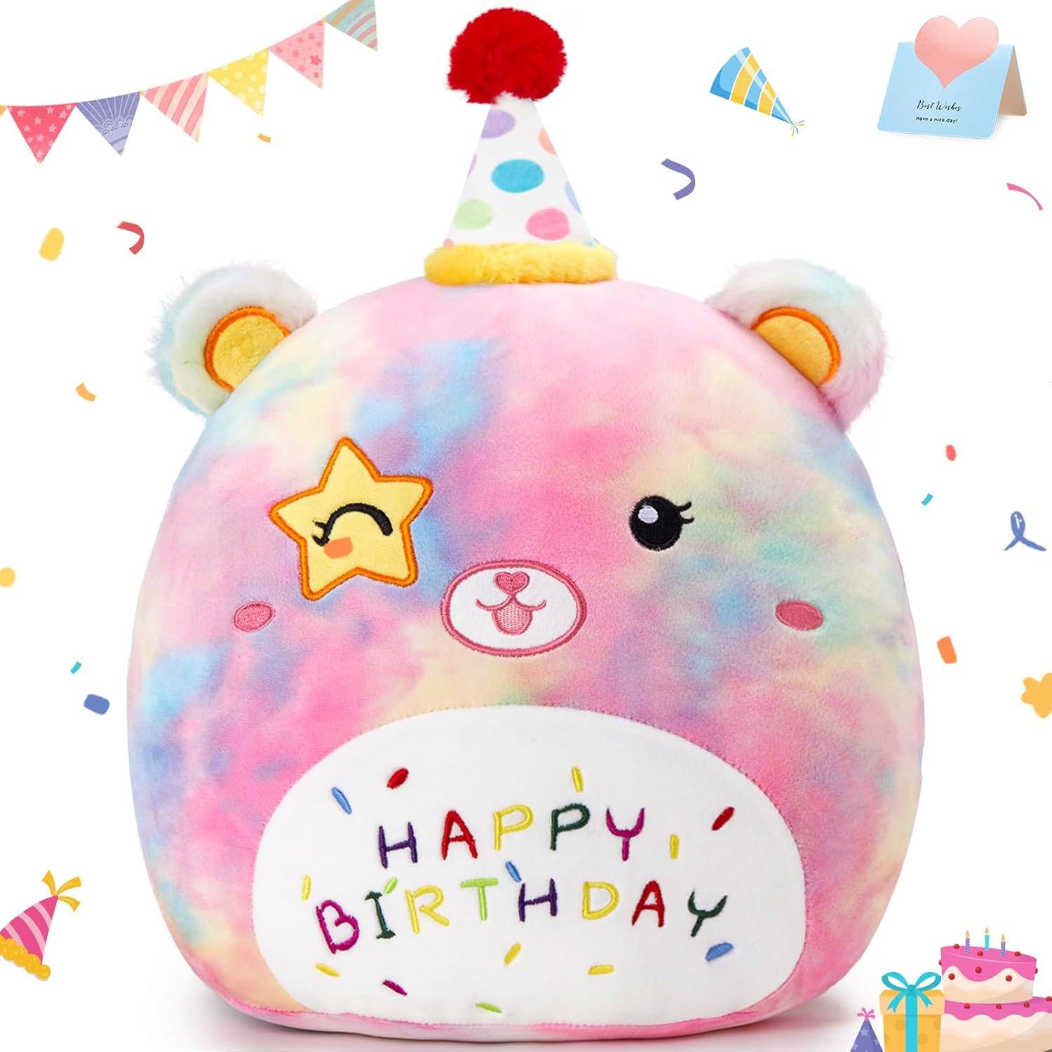 Amazon.com: Athoinsu 16" Happy Birthday Bear Plush Pillow Cute Rainbow ...
